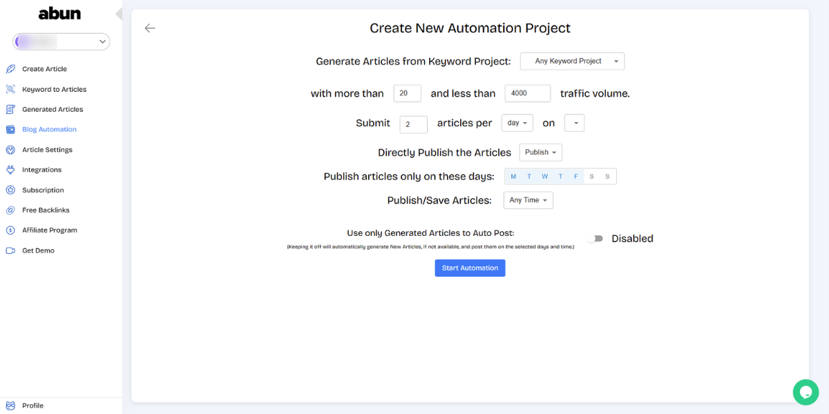 How does blog automation work on Abun?